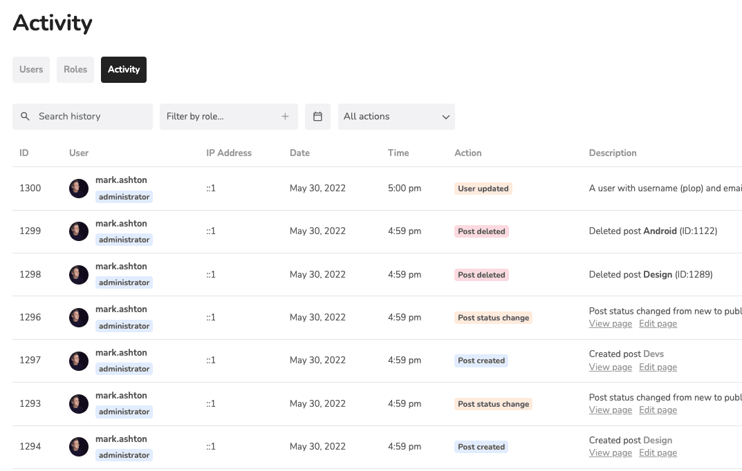 User management and activity logs