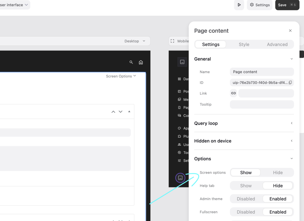 Enabling screen options